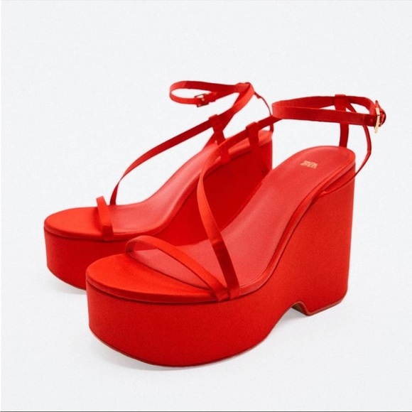 Zara | Shoes | Nwt Zara Red Satin Chunky Sandals Heels | Poshmark